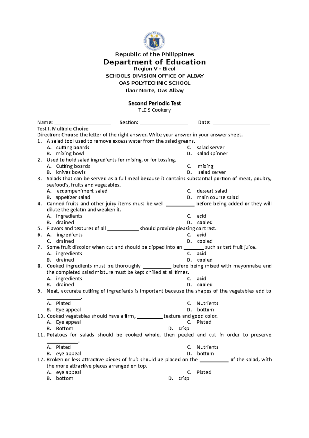 Q2- Periodical-TEST Ck. 9 - Republic of the Philippines Department of ...