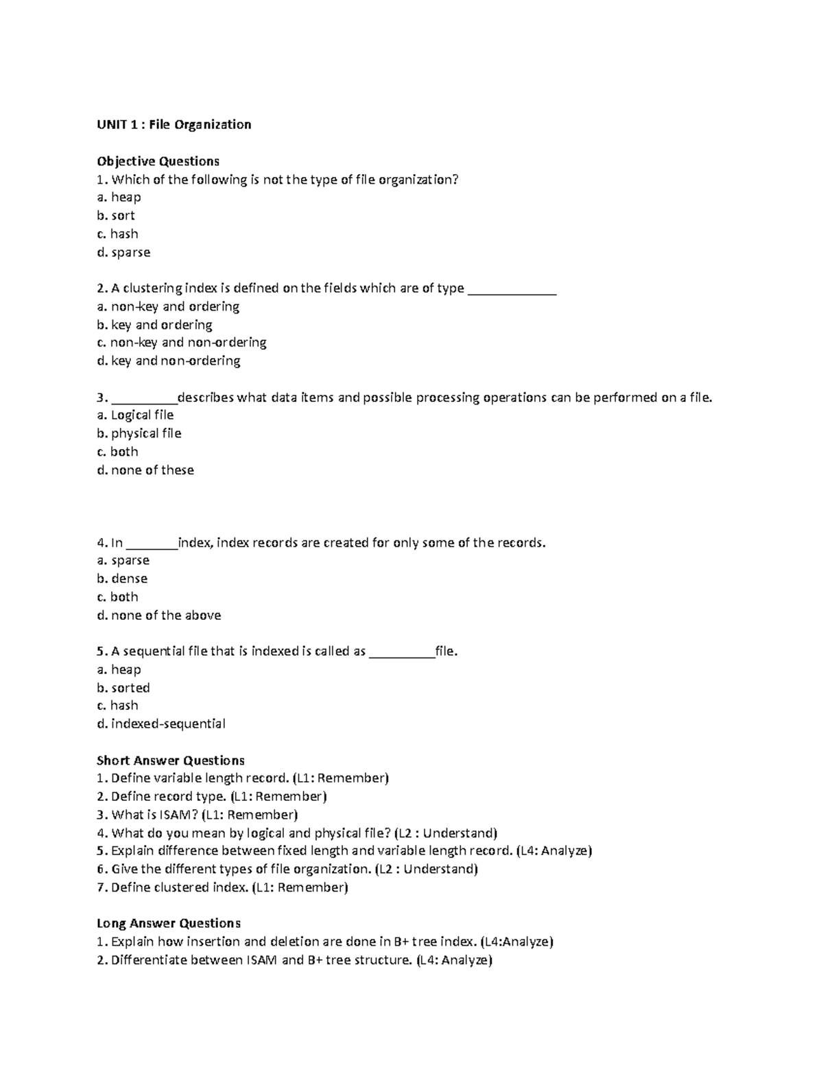 DBMS-1 Question BANK - helooooo - UNIT 1 : File Organization Objective ...