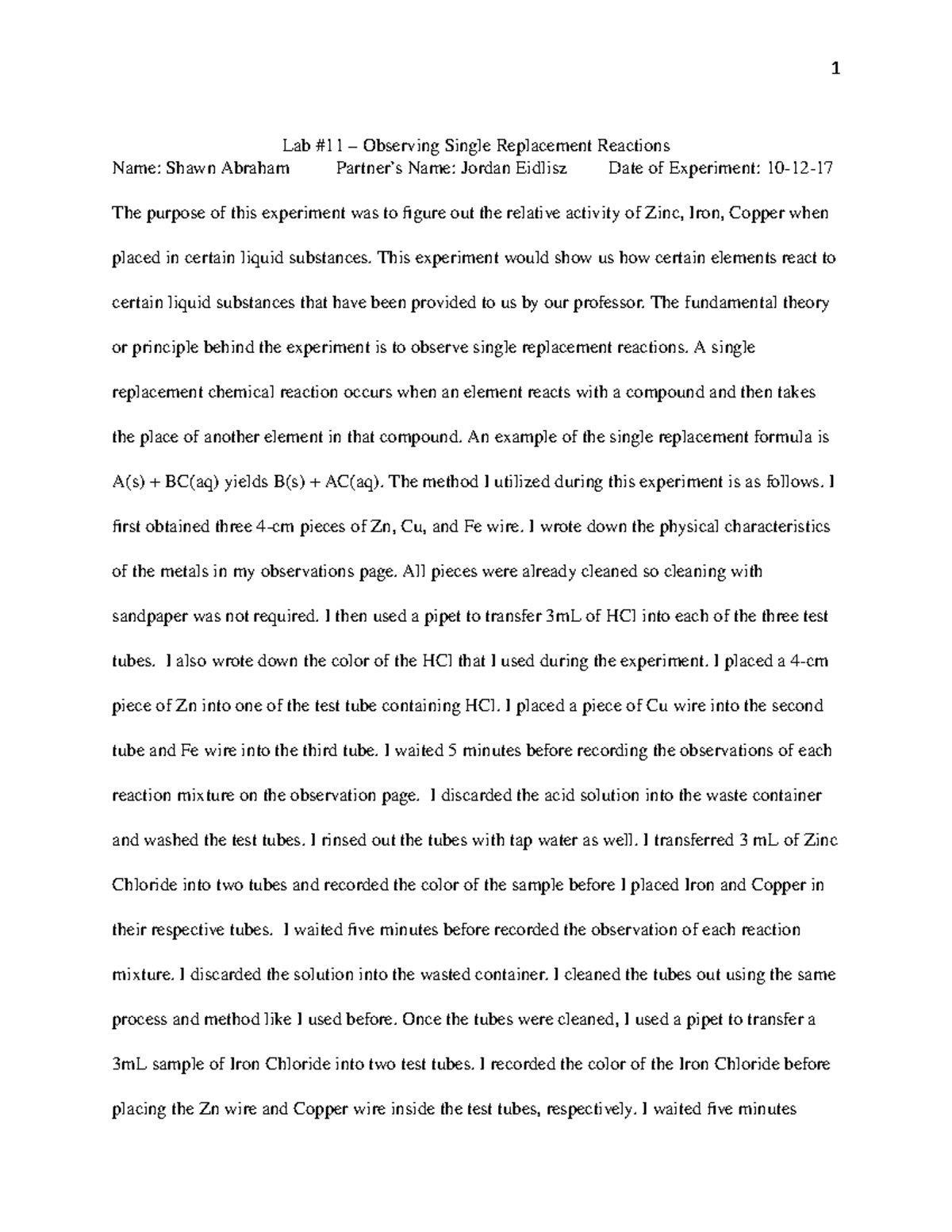 Lab #11 - Grade: A - Lab #11 – Observing Single Replacement Reactions ...