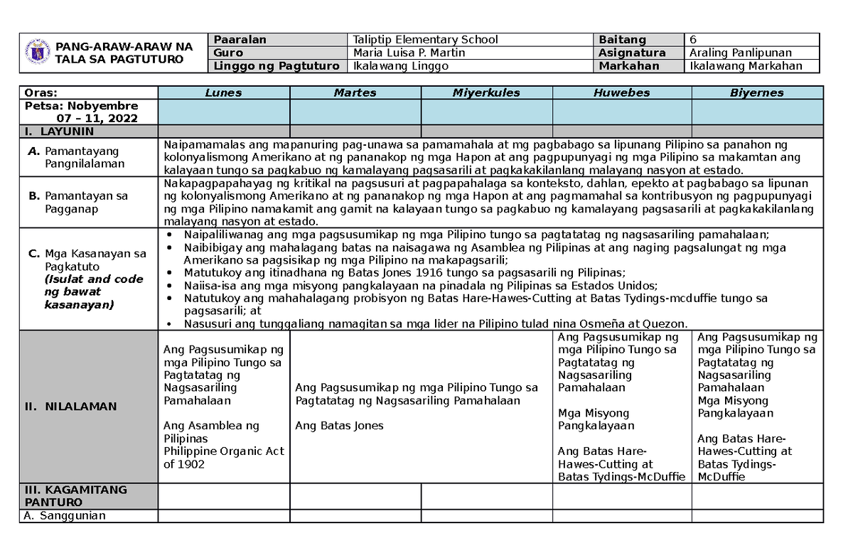 AP 6 DLP Q2-WEEK 2 - Lesson plan - PANG-ARAW-ARAW NA TALA SA PAGTUTURO ...