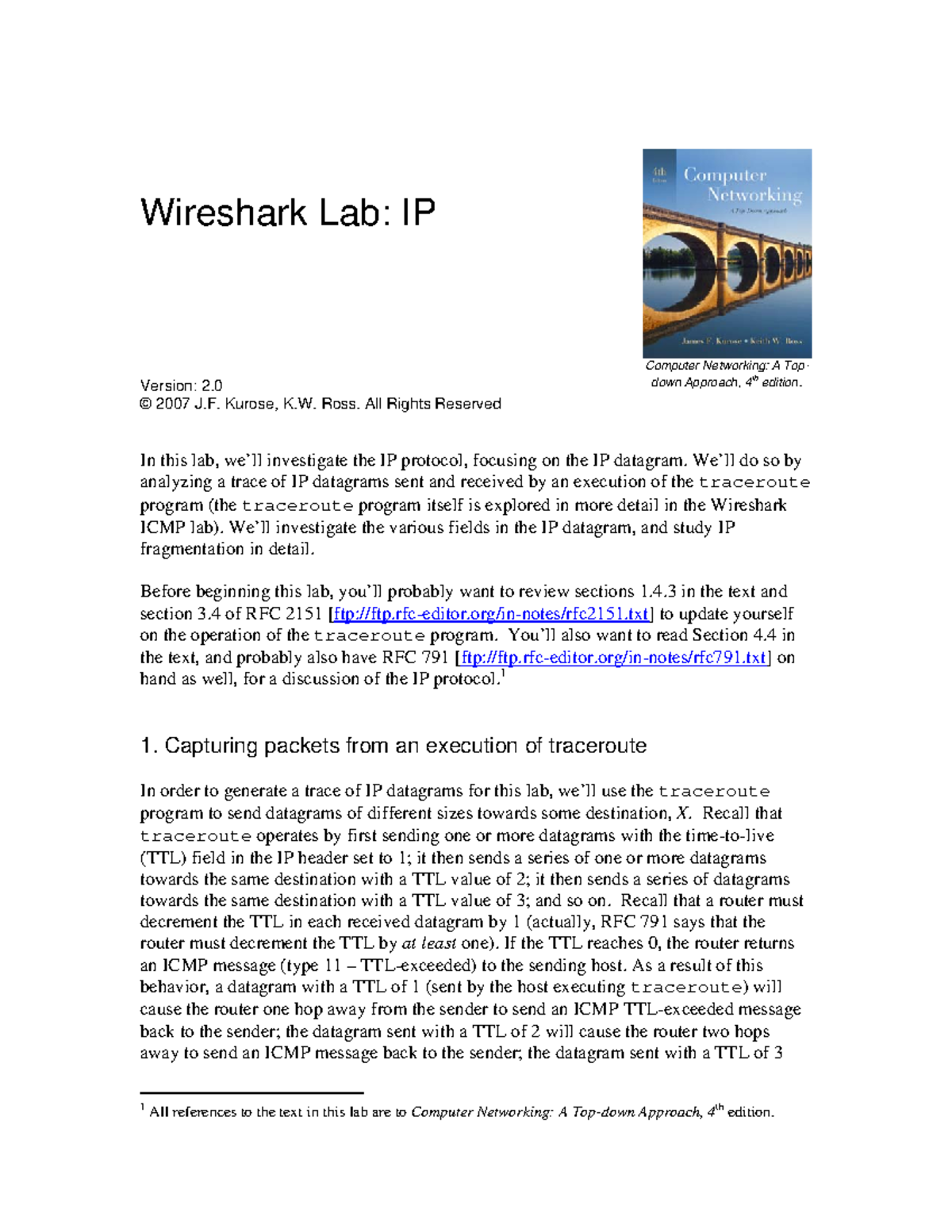 10 Wireshark Lab-IP-Ch4 - Wireshark Lab: IP Version: 2. © 2007 J. Kurose, K. Ross. All Rights ...