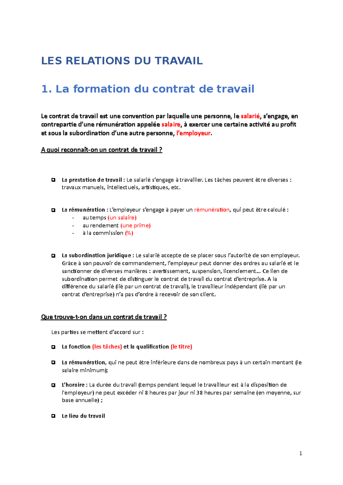 Les relations du travail - LES RELATIONS DU TRAVAIL 1. La formation du contrat de travail Le ...