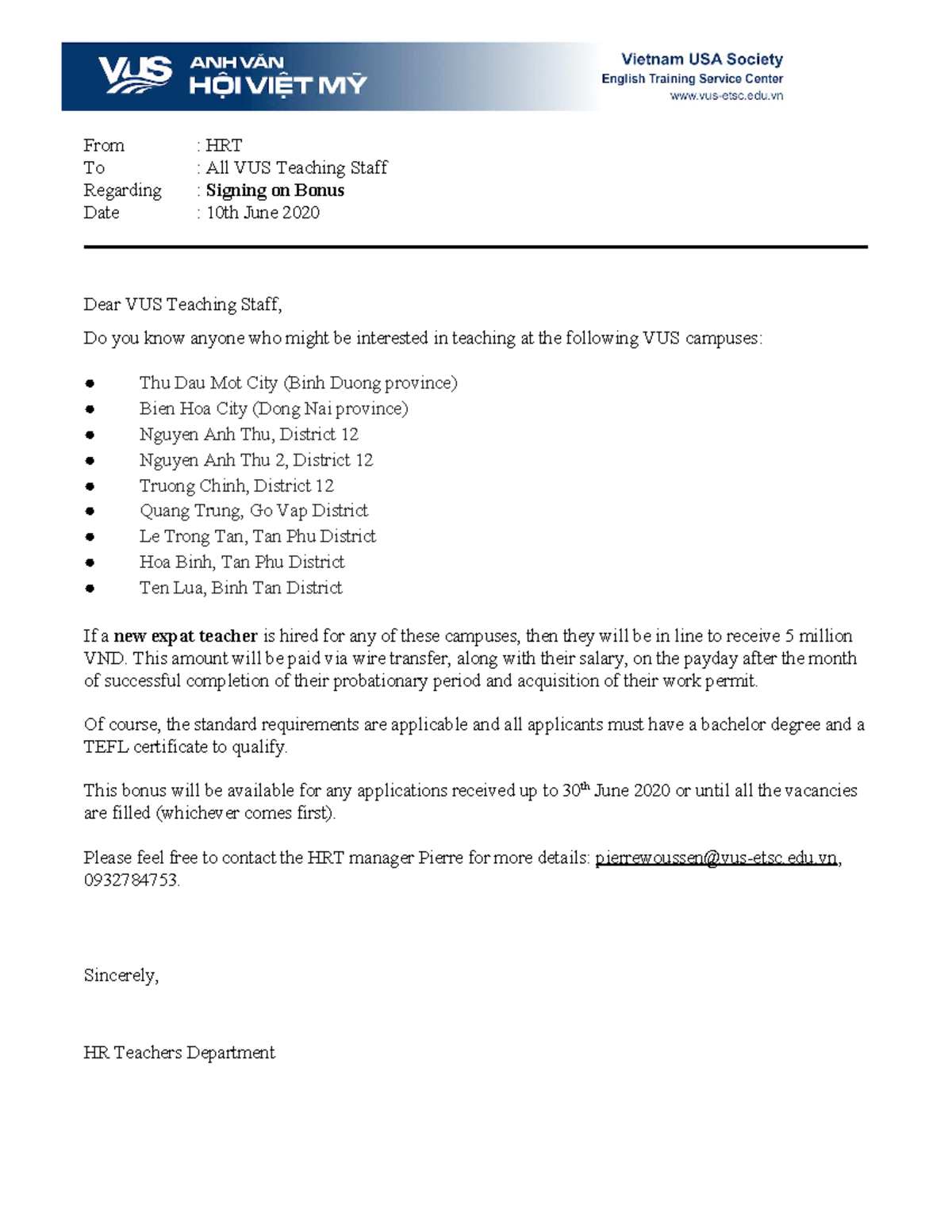 430-Memo 64 - HRT Expat - Signing on Bonus June 2020 - From : HRT To ...