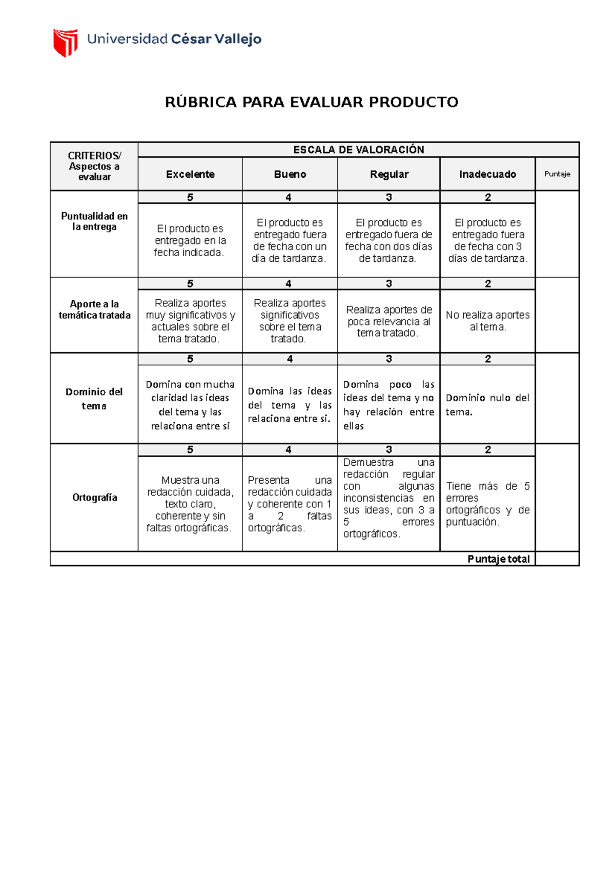 2° Rúbrica 03 - AYUA - RÚBRICA PARA EVALUAR PRODUCTO CRITERIOS/ Aspectos a evaluar ESCALA DE ...