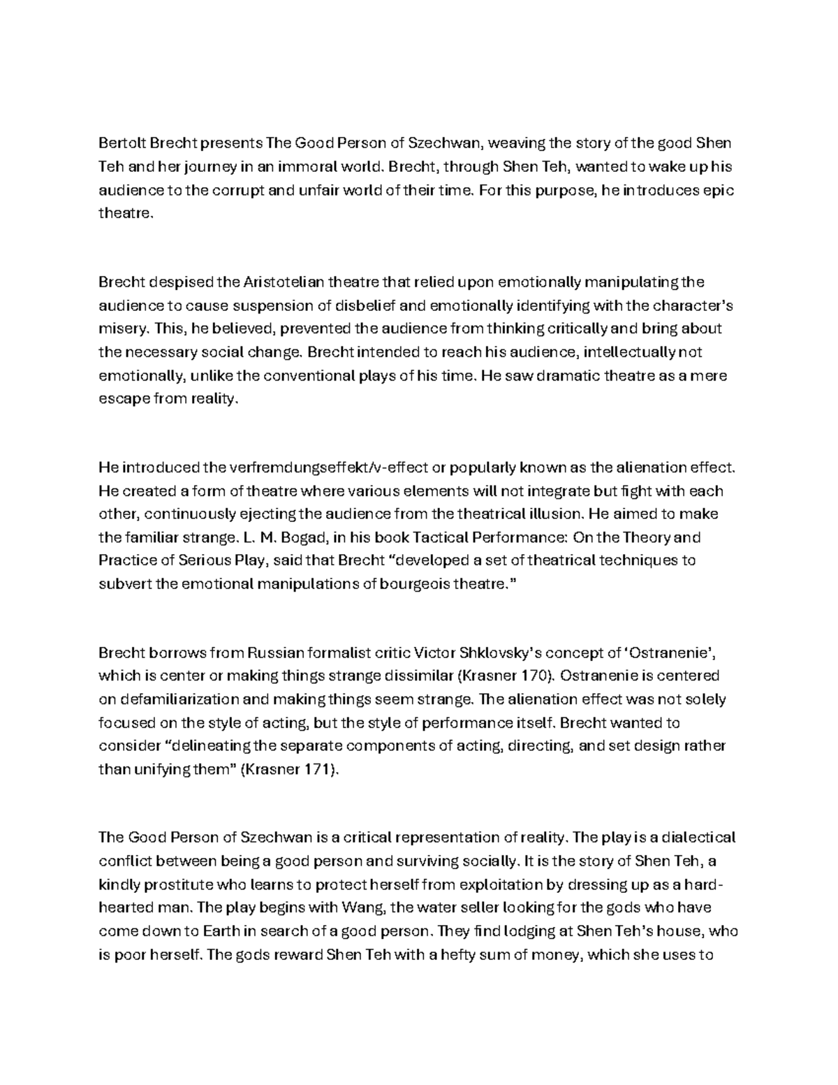 Dramatic technique and alienation in the good woman of setzuan ...