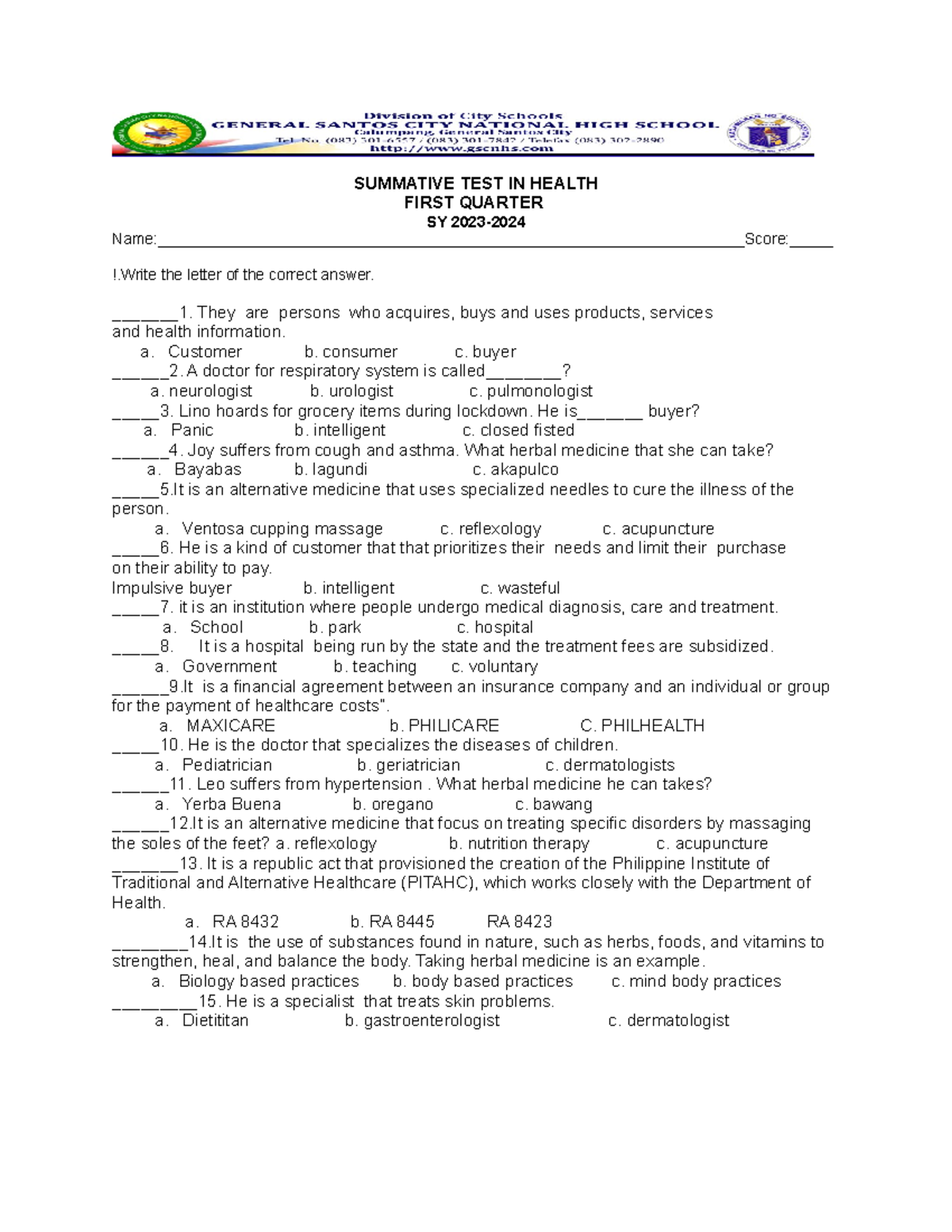 Summative test health 2022 - SUMMATIVE TEST IN HEALTH FIRST QUARTER SY ...