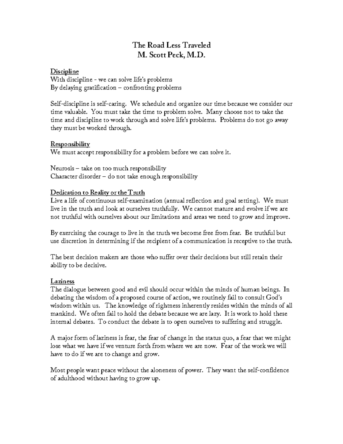 The+Road+Less+Traveled+Summary - The Road Less Traveled M. Scott Peck, M. Discipline With ...
