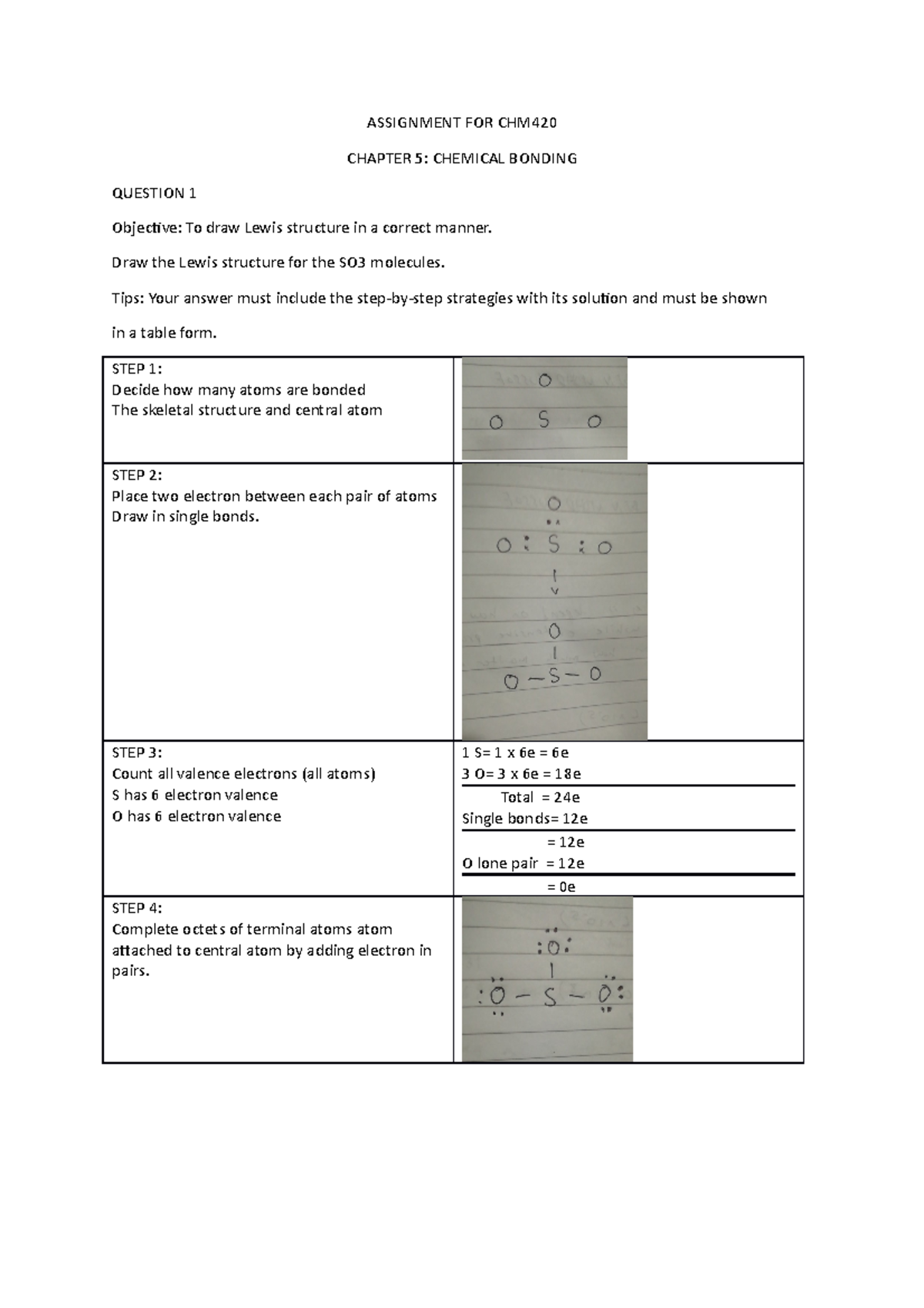 Assignment FOR CHM420 - ASSIGNMENT FOR CHM CHAPTER 5: CHEMICAL BONDING QUESTION 1 Objective: To ...