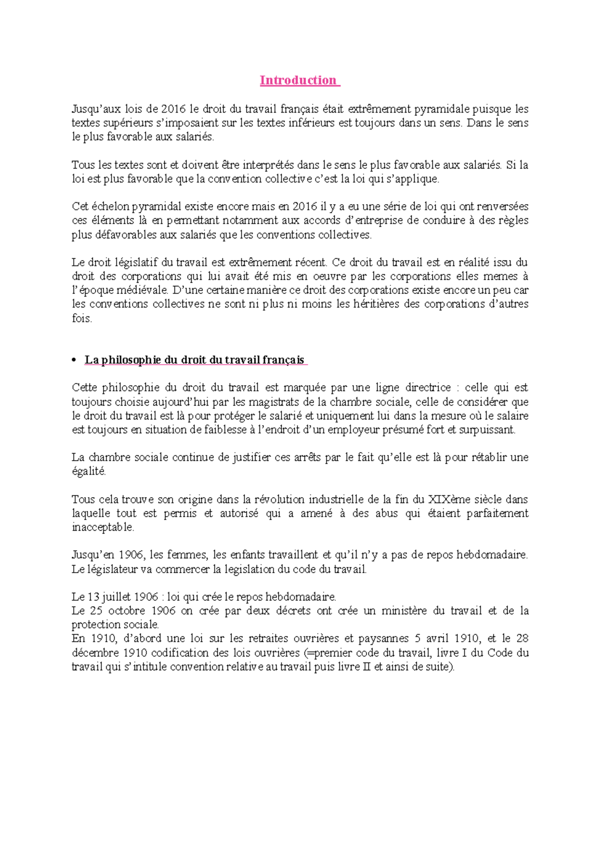 Droit social - Introduction Jusqu’aux lois de 2016 le droit du travail ...