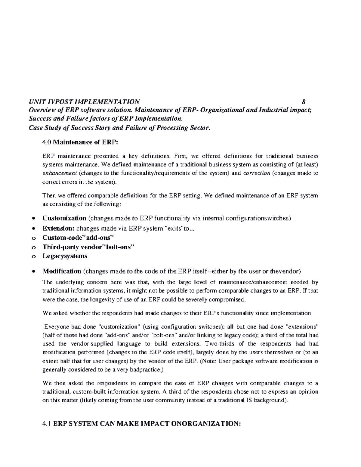 ERP Notes Unit 4 - UNIT IVPOST IMPLEMENTATION 8 Overview of ERP ...