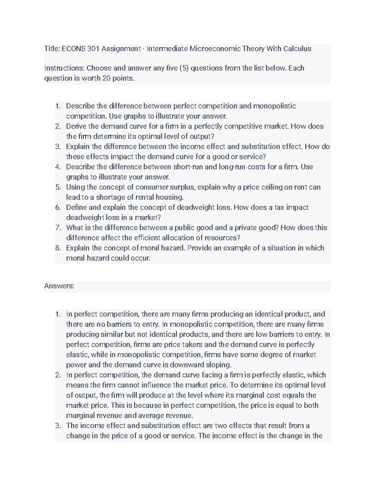 Title ECONS 301 Assignment - Intermediate Microeconomic Theory With Calculus - Each question is ...