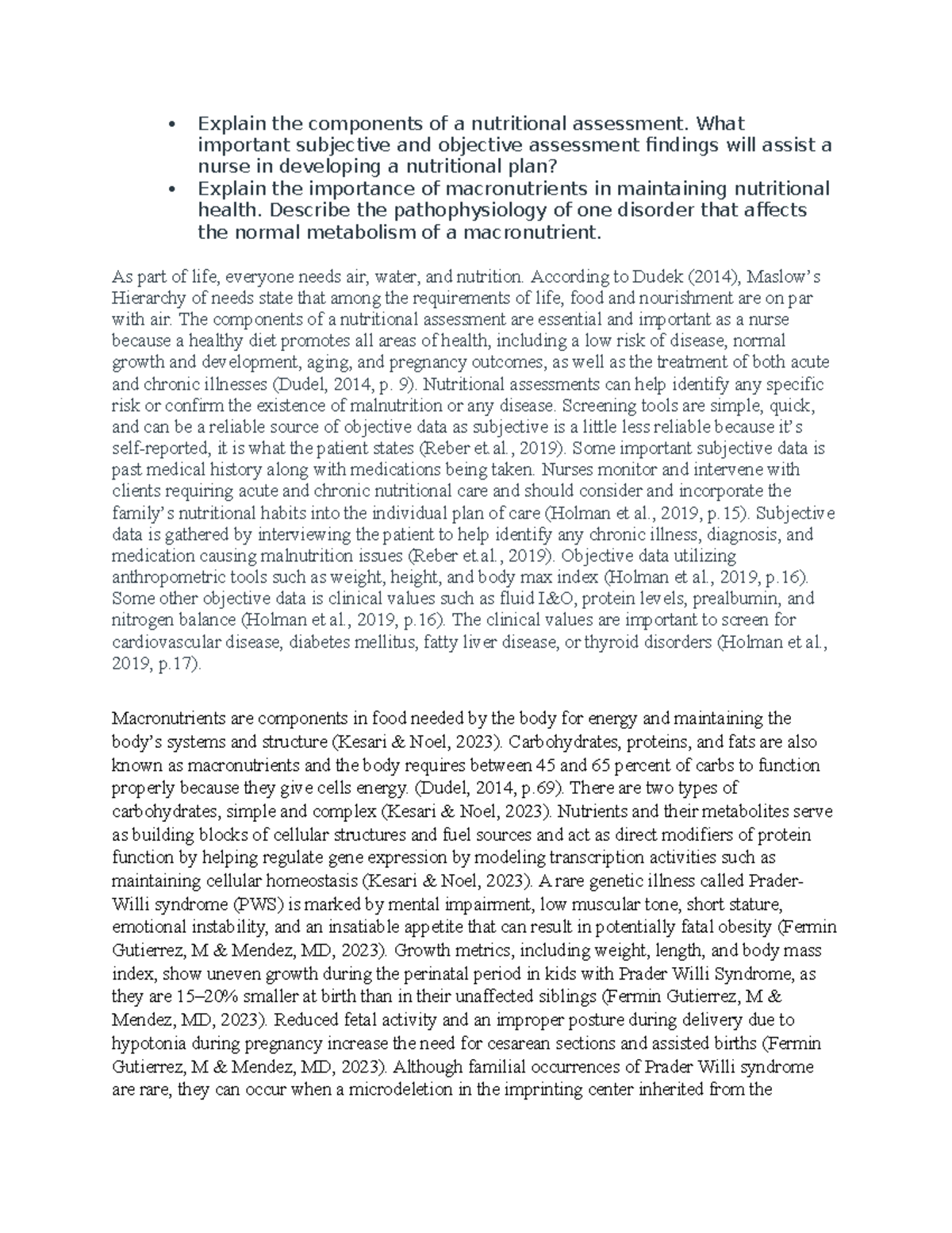 Week 1 discussion - Explain the components of a nutritional assessment ...