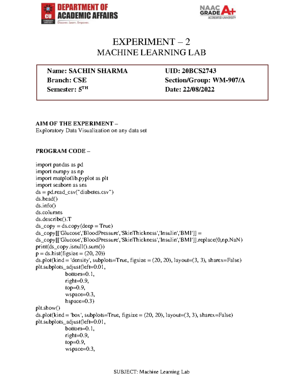 Ml Exp 2 Ml Exp 2 Experiment 2 Machine Learning Lab Aim Of The Experiment Exploratory