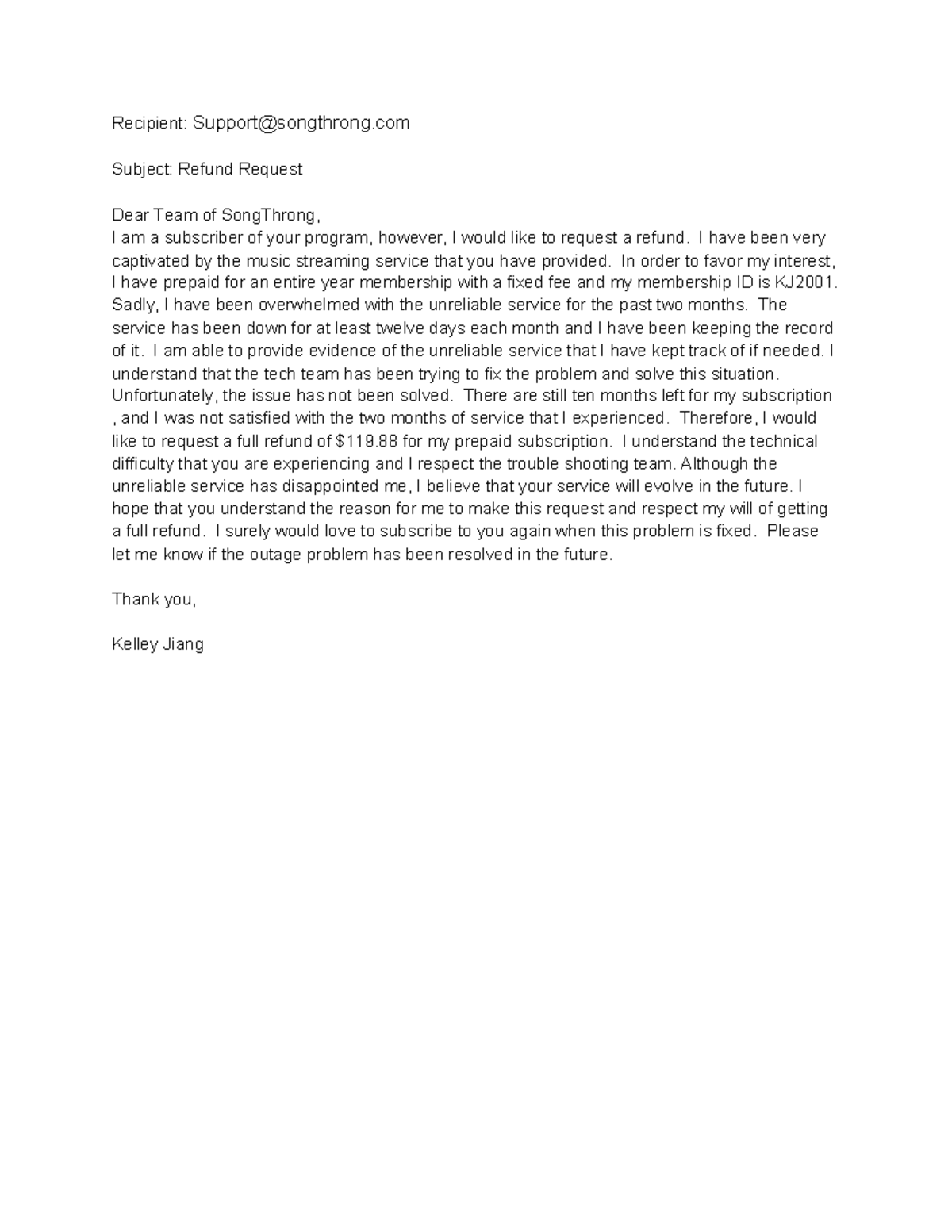 BUS-X204 Routine Message Assignment - Recipient: Support@songthrong Subject: Refund Request Dear ...