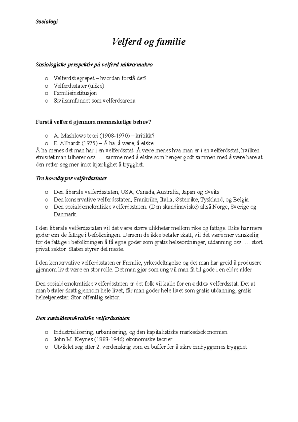 Velferd og familie - sosiologi - Sosiologi Velferd og familie ...
