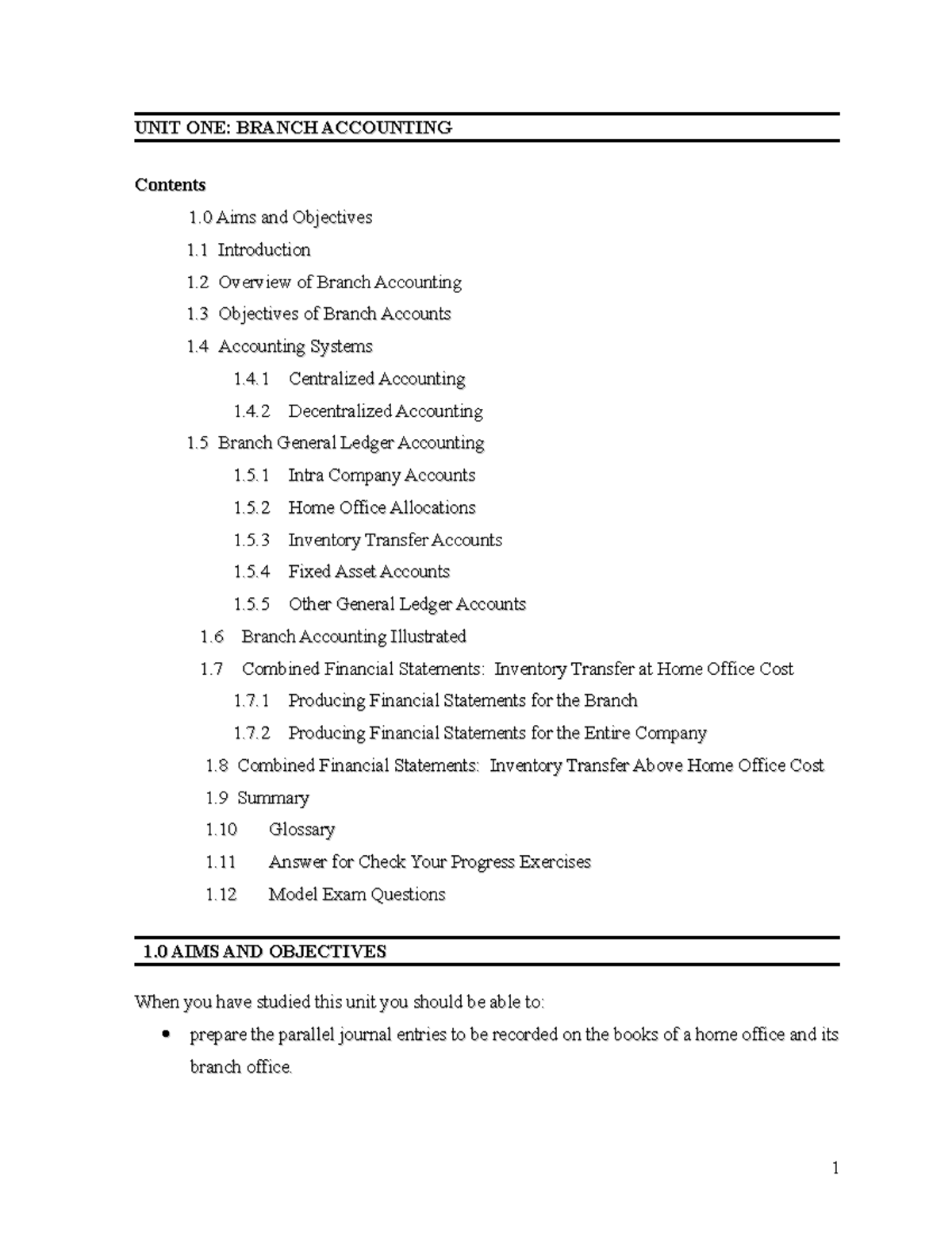 Advanced Acct I - Lecture notes 1 - UNIT ONE: BRANCH ACCOUNTING UNIT ...