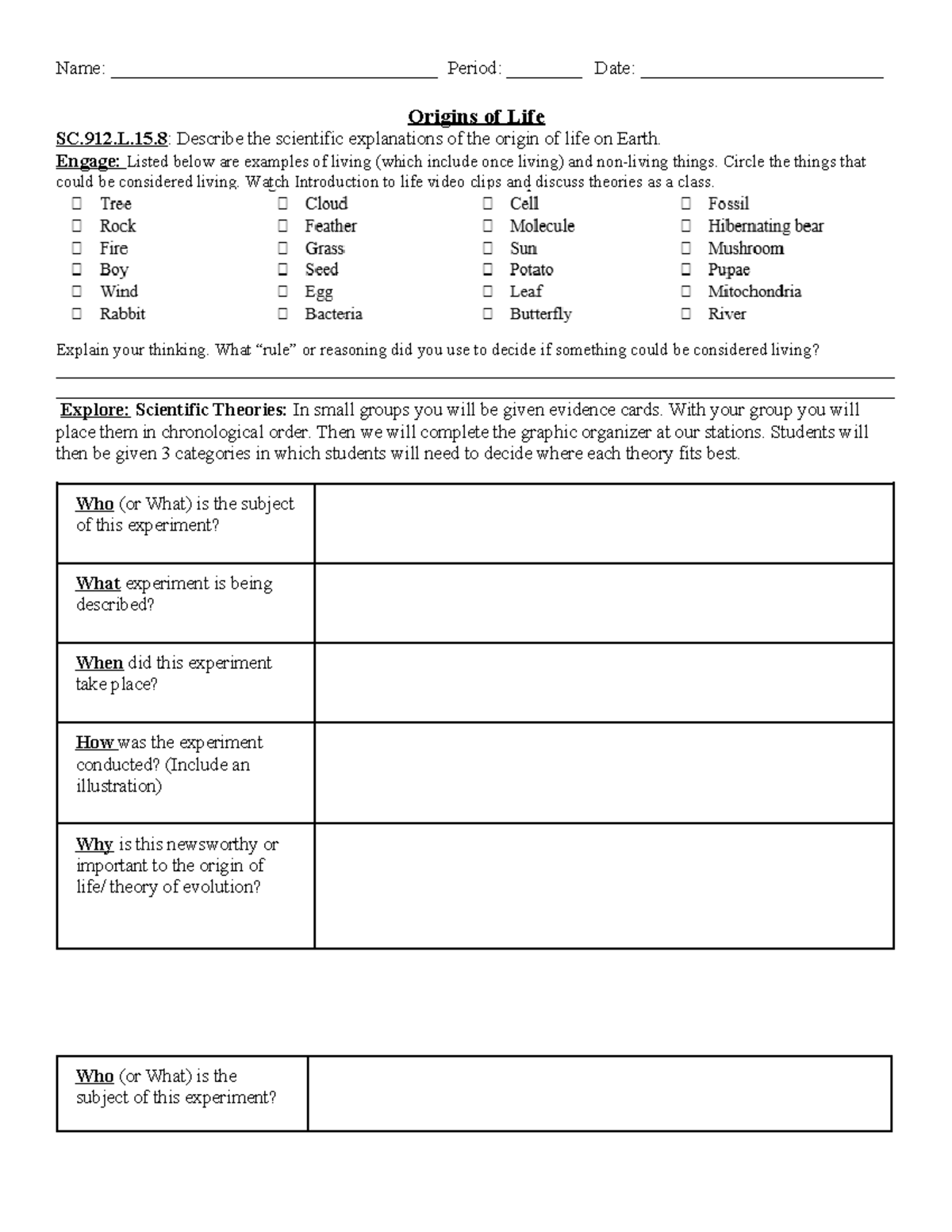 Origins of Life- Student Handout - Name ...