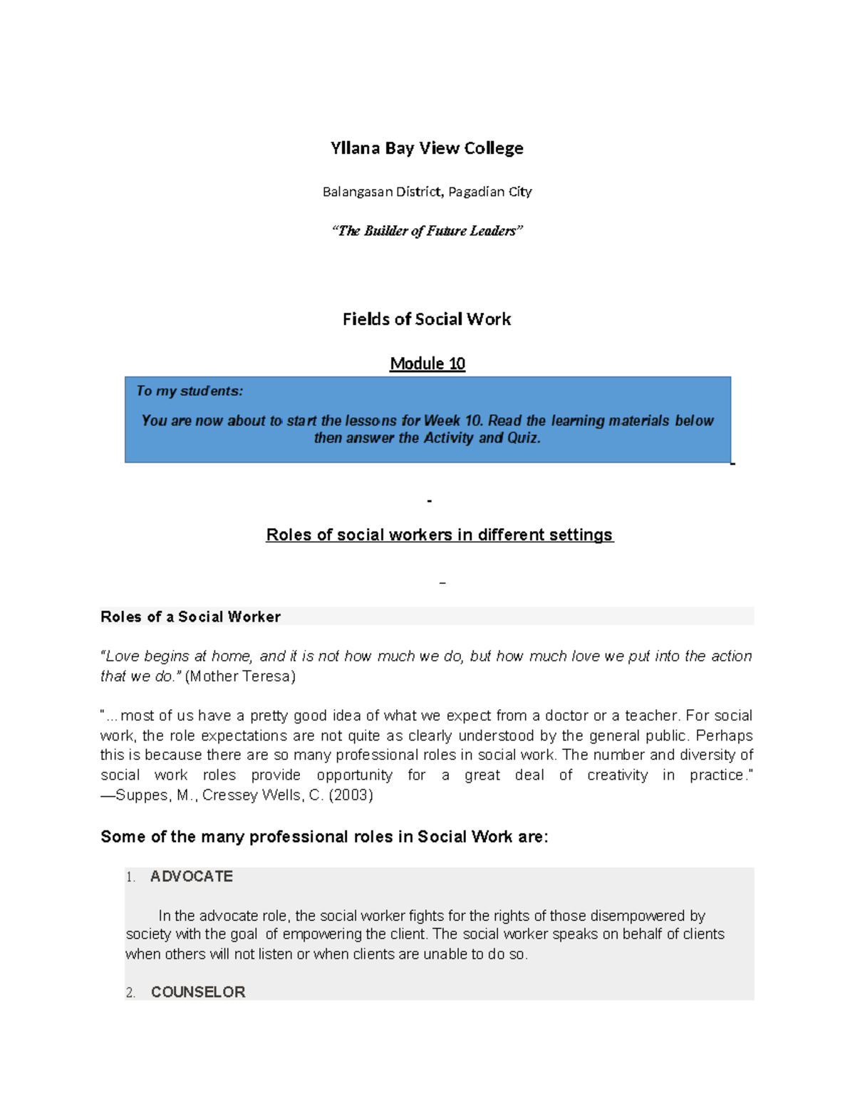 SW 104 Module 1011 AND 12 - Yllana Bay View College Balangasan District ...