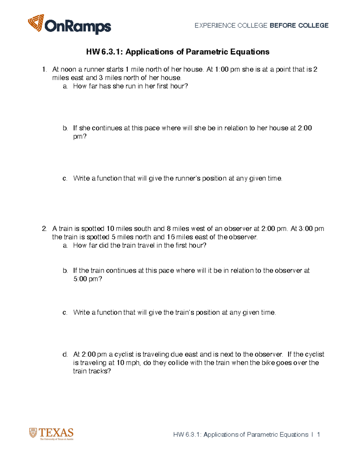 HW 6.3.1 Applications of Parametric Equations - HW 6.3: Applications of ...