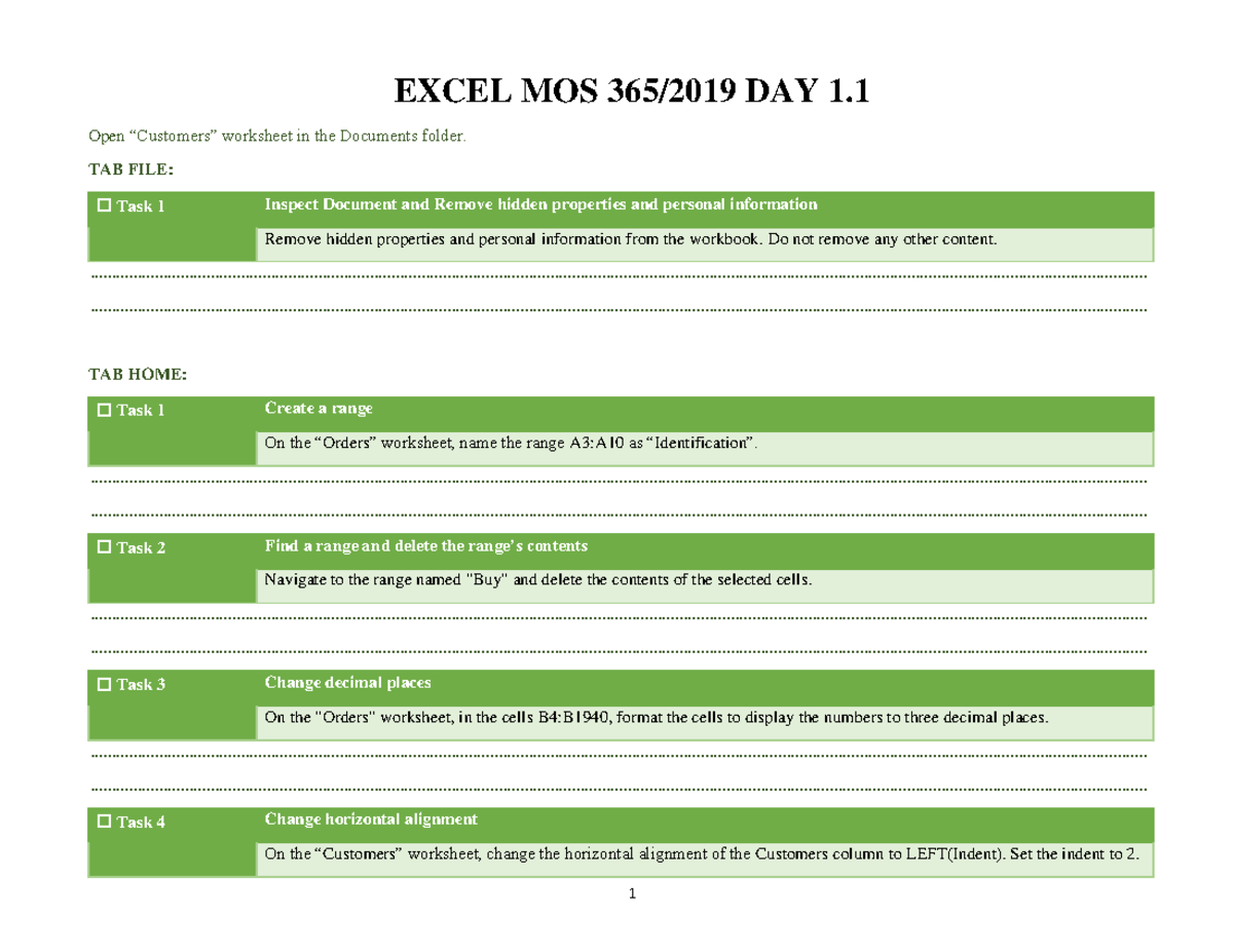 DAY 1 - svsdvđsv - 1 EXCEL MOS 365/2019 DAY 1. Open “Customers ...