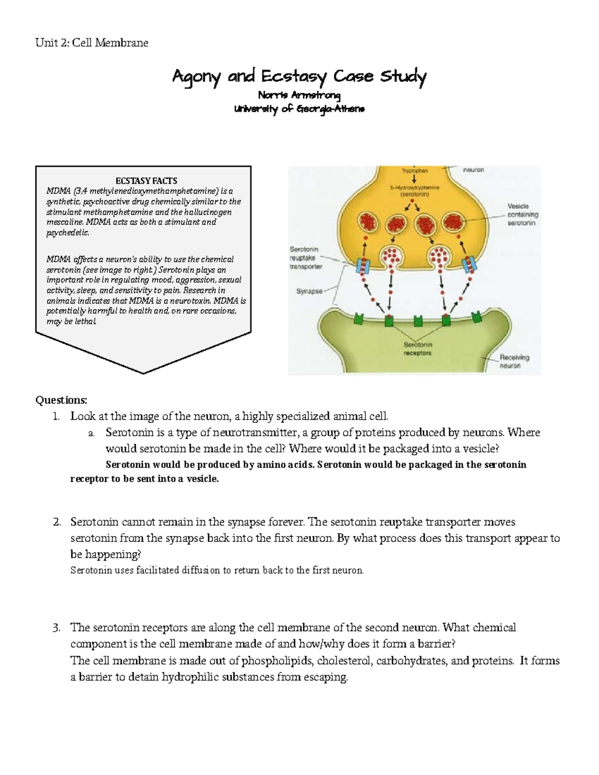 Agony and Ecstasy Case Study - Unit 2: Cell Membrane Agony and Ecstasy Case Study Norris ...