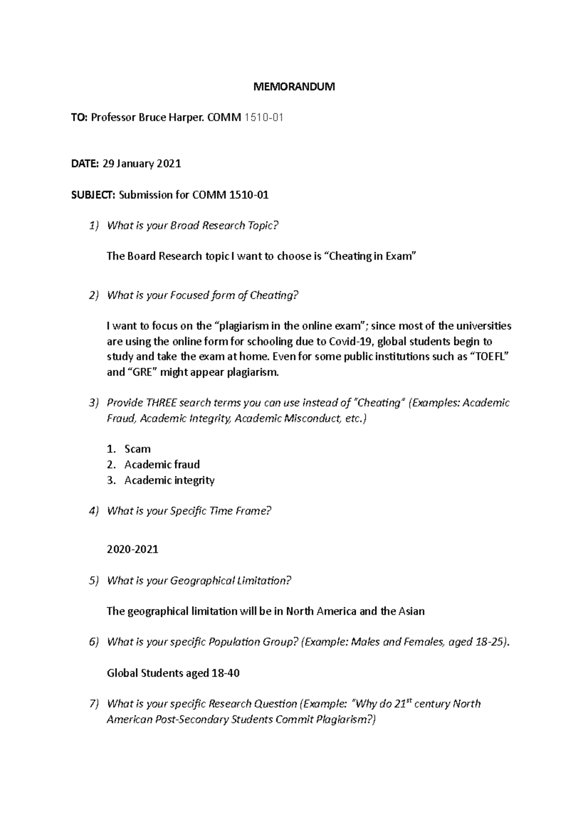 Memo - Memo chapter 1-for communication - MEMORANDUM TO: Professor ...
