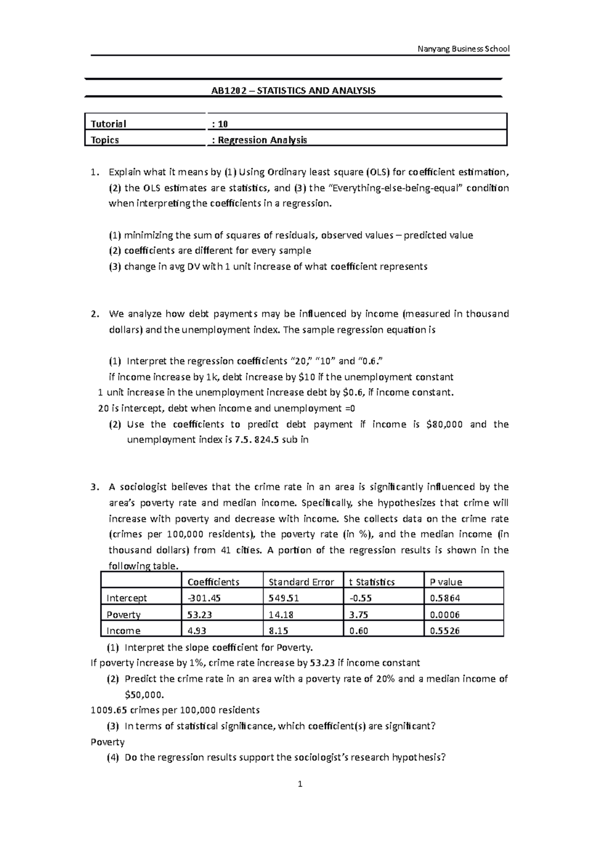 Wk 10 stats qs ab1202 - Partly done - AB1202 – STATISTICS AND ANALYSIS ...