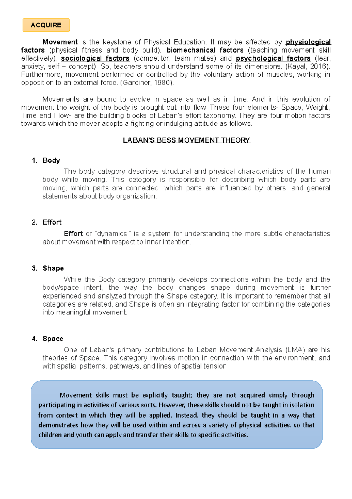 Lesson 1 Acquire - LABAN’S BESS MOVEMENT THEORY - Movement is the ...