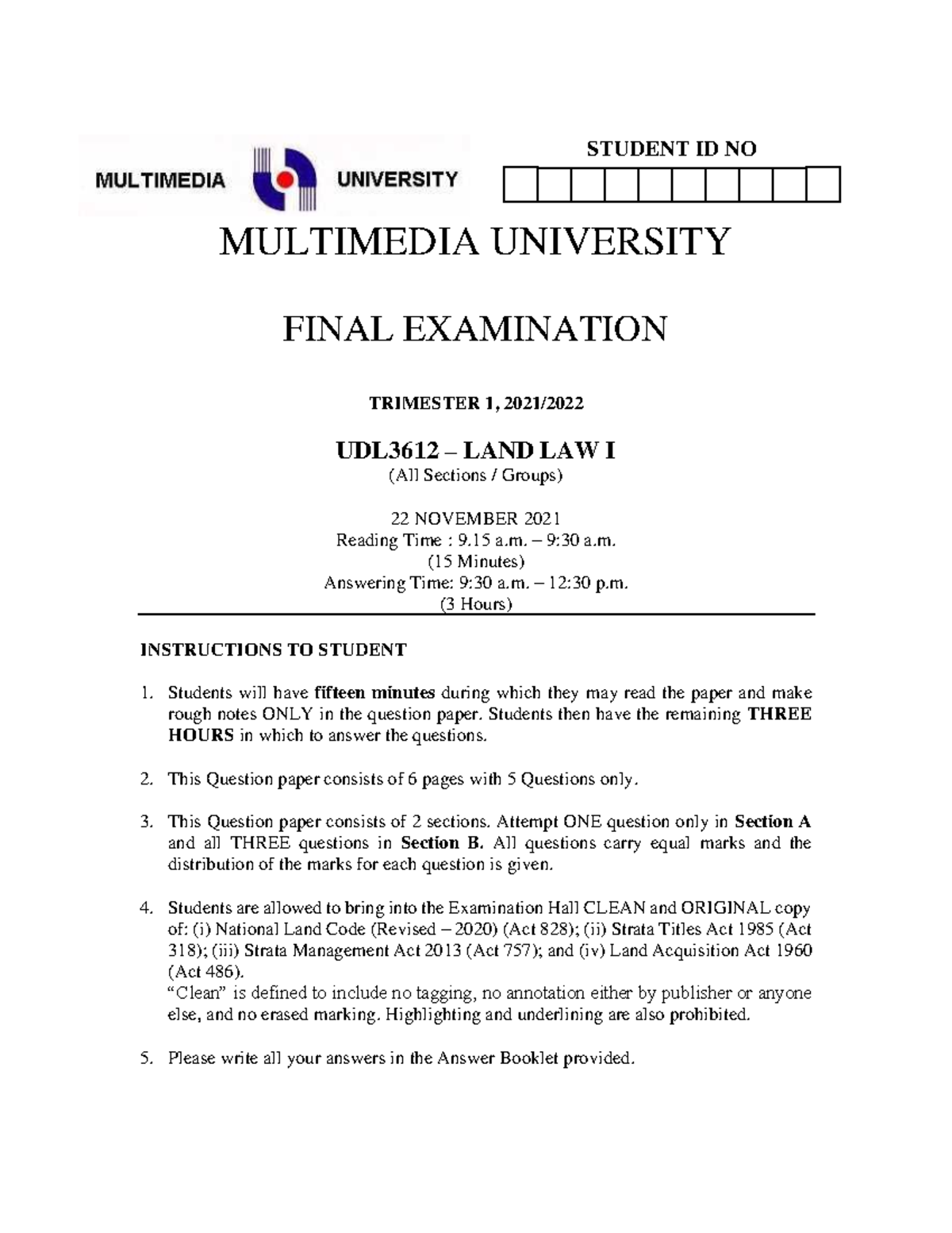 Exam Question Final Exam2110 UDL3612 - Land law - MMU - Studocu