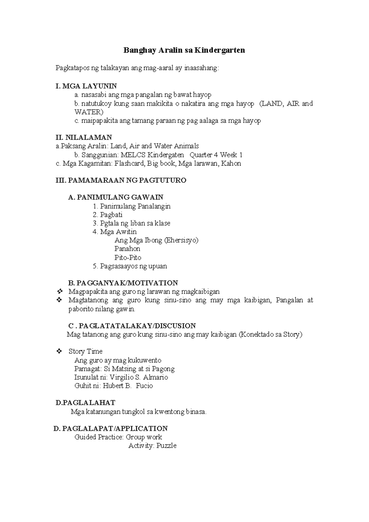 Banghay Aralin sa Kindergarten new - Banghay Aralin sa Kindergarten ...