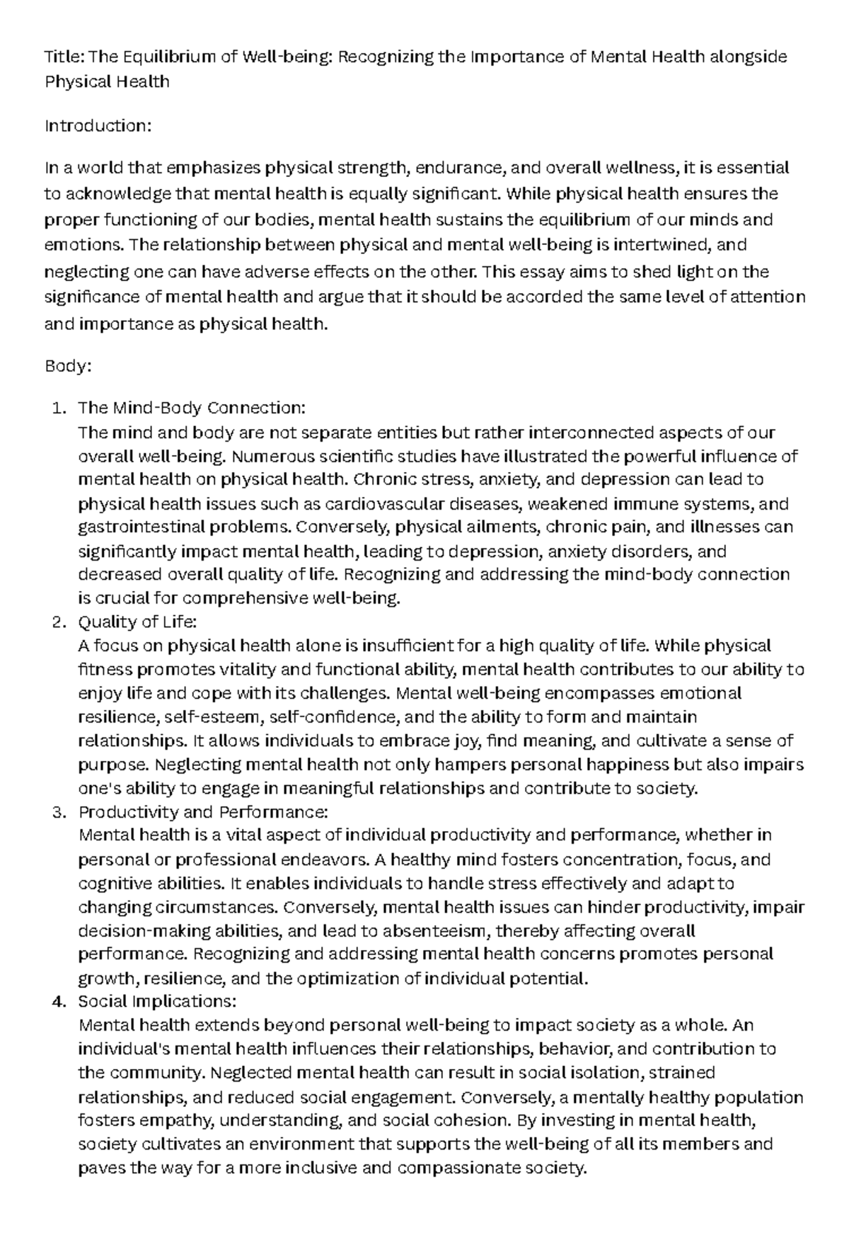 Title The Equilibrium of Well-being Recognizing the Importance of ...