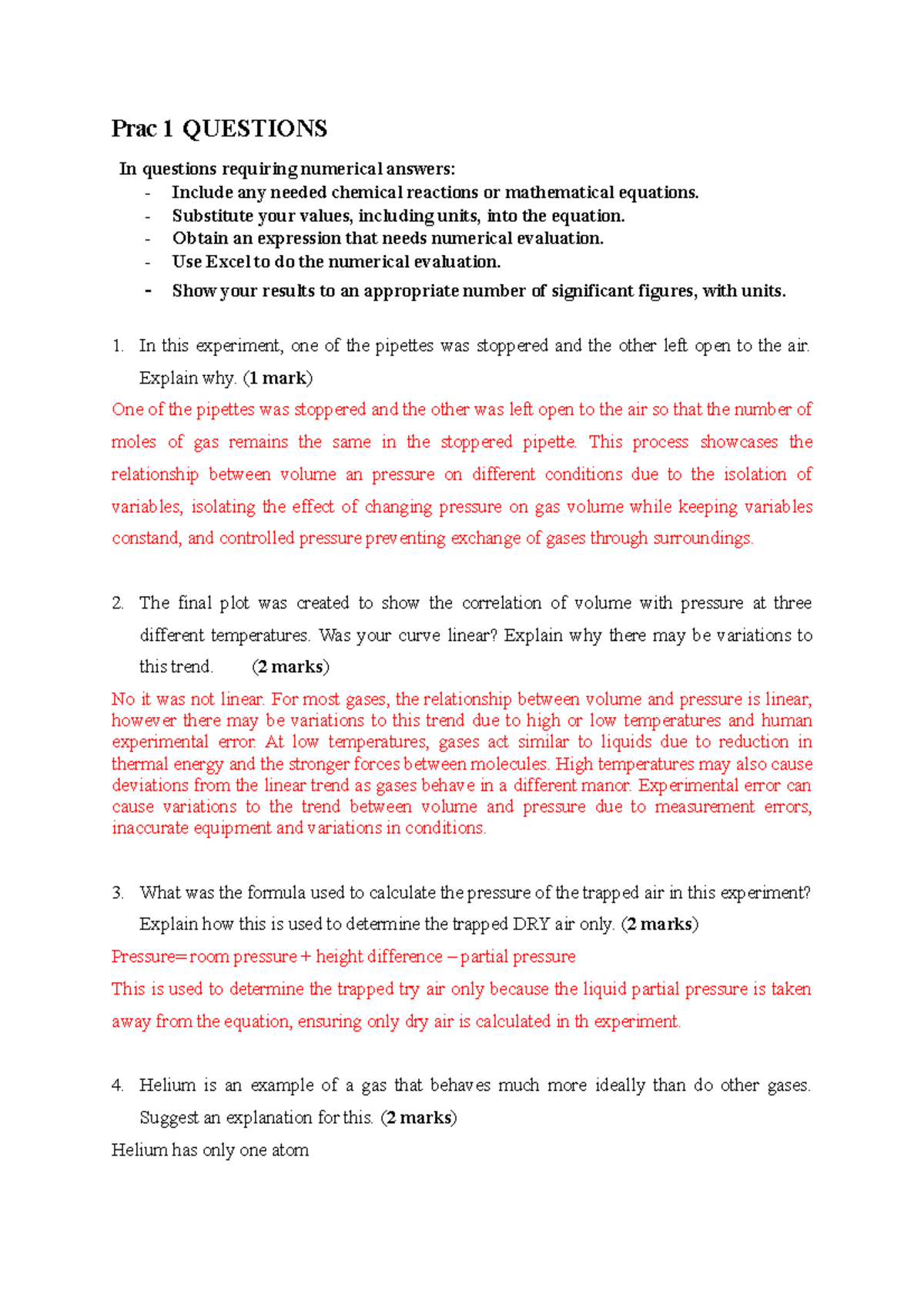 prac 1 questions - Prac 1 QUESTIONS In questions requiring numerical ...
