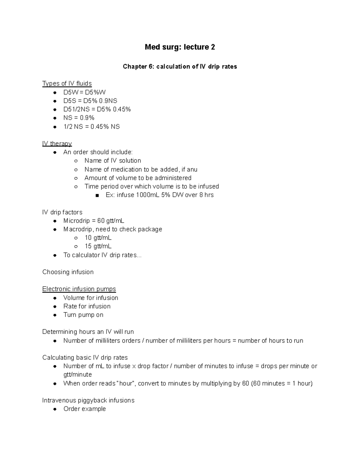 Med surg lecture 2 - Med surg notes calculations - Med surg: lecture 2 ...