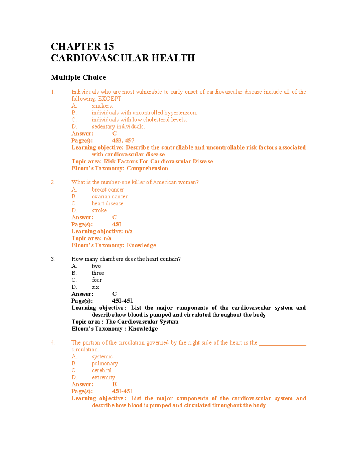 Cardiovascular Health - CHAPTER 15 CARDIOVASCULAR HEALTH Multiple ...