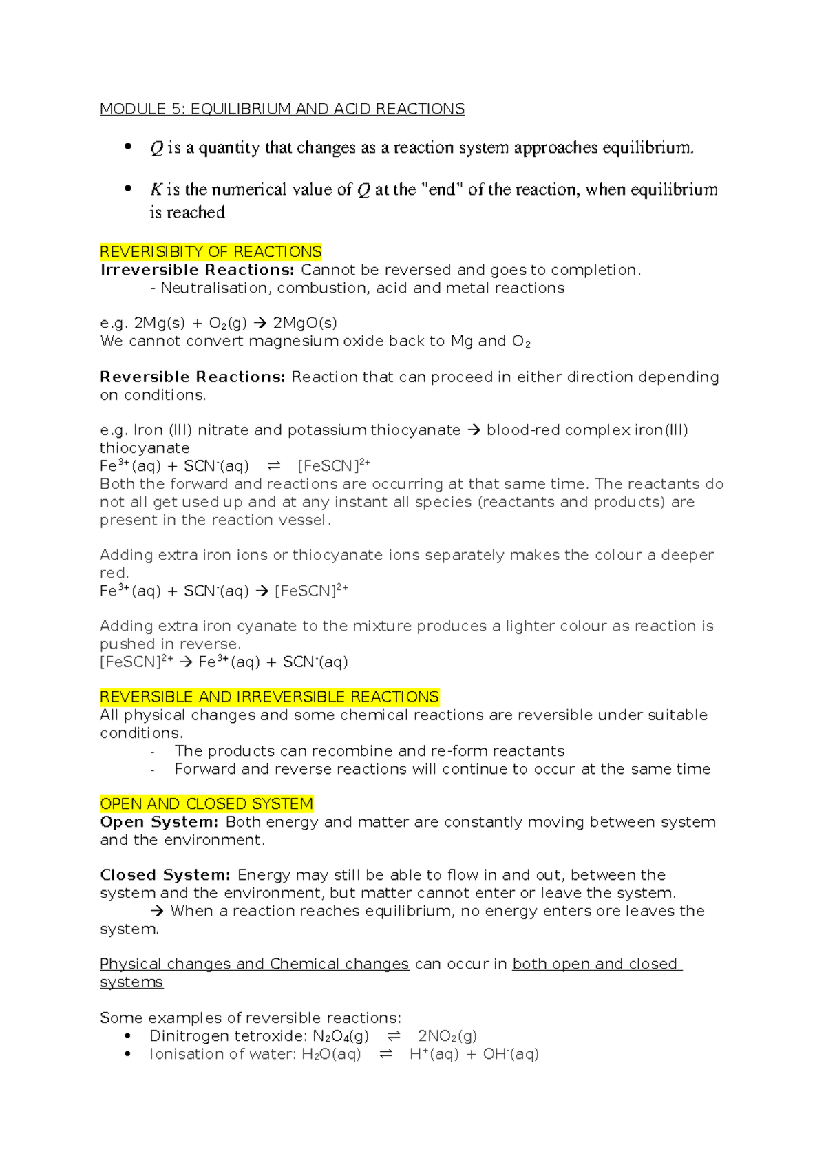 Module 5 - CHEM Notes - MODULE 5: EQUILIBRIUM AND ACID REACTIONS - Studocu