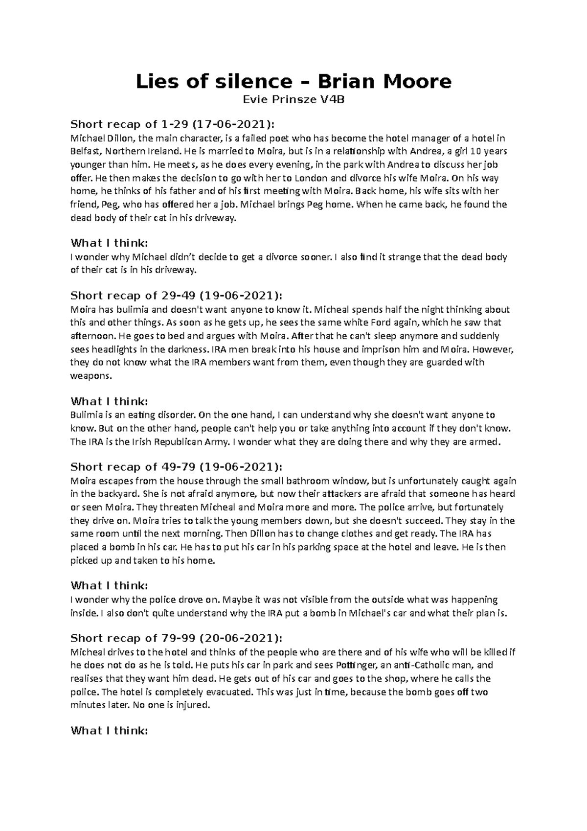 Lies of silence engels - Boekverslag - Lies of silence – Brian Moore ...