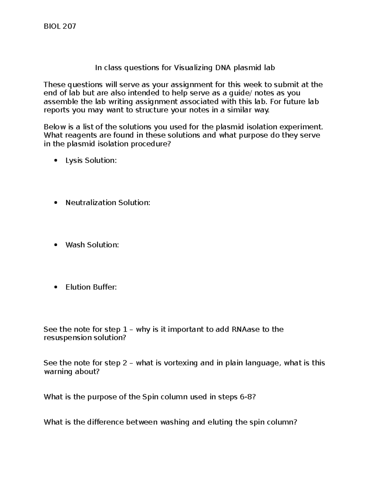 Questions for Plasmid DNA - BIOL 207 In class questions for Visualizing ...