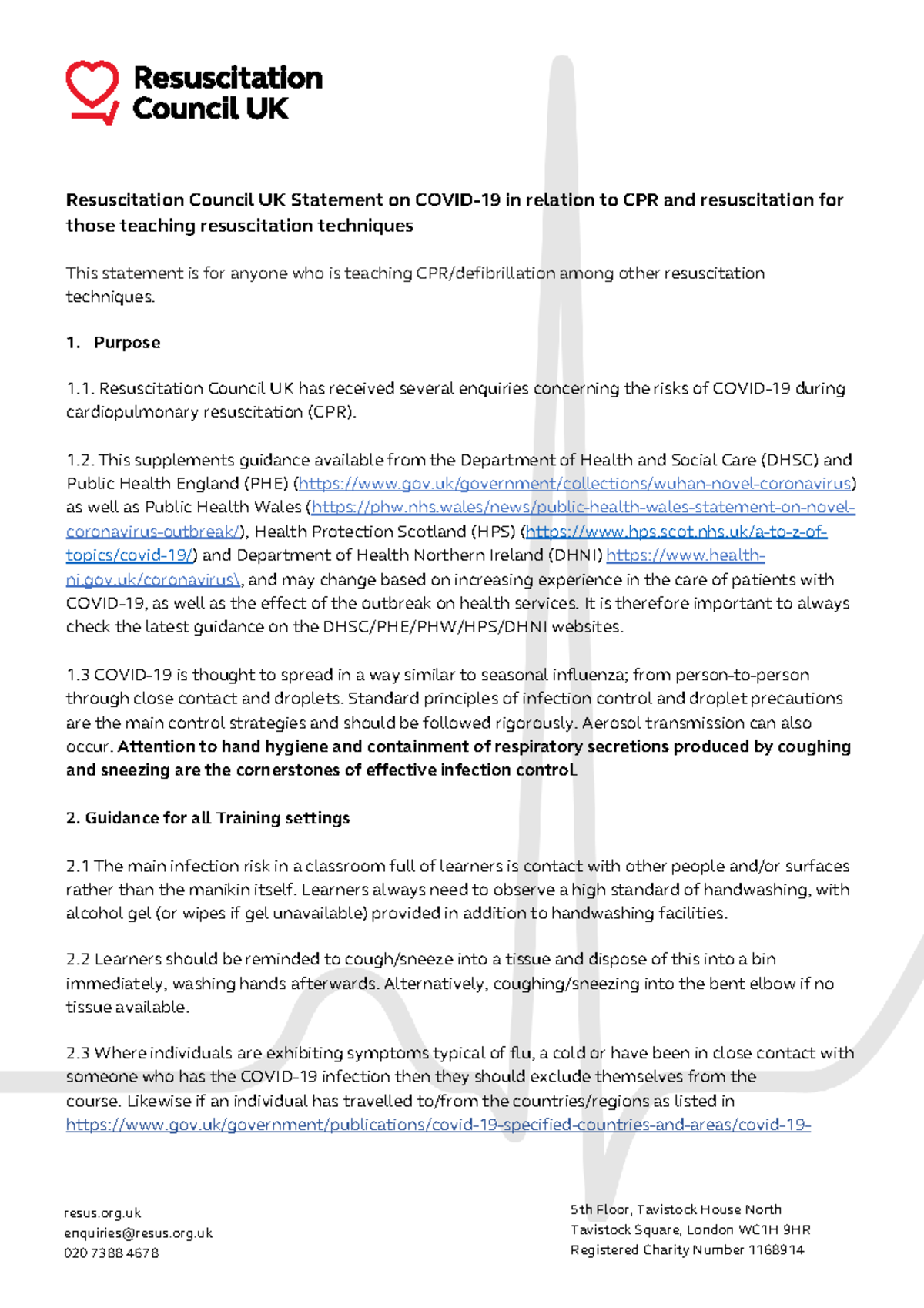 Resuscitation Council UK Statment on Covid-19 in relation to CPR and resuscitation teaching ...