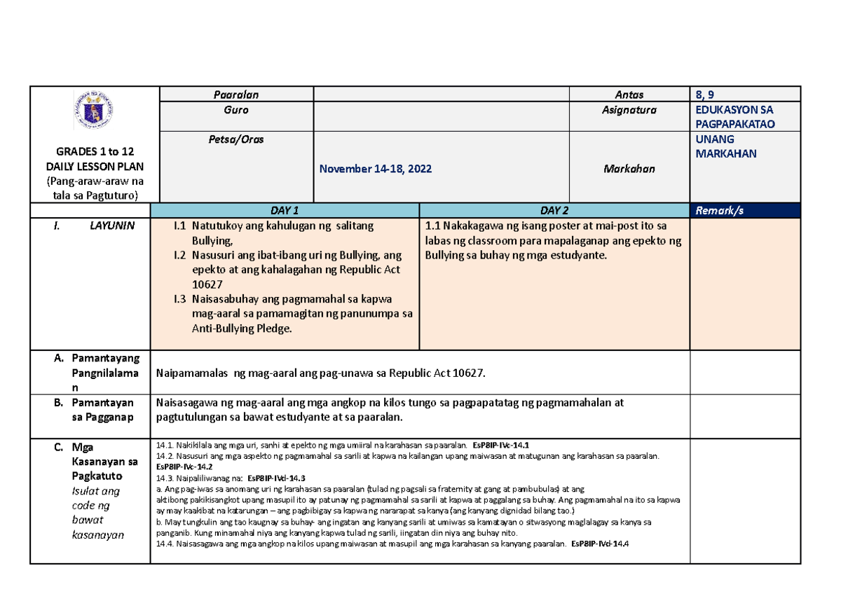 Anti-bullying week DLL - GRADES 1 to 12 DAILY LESSON PLAN (Pang-araw ...