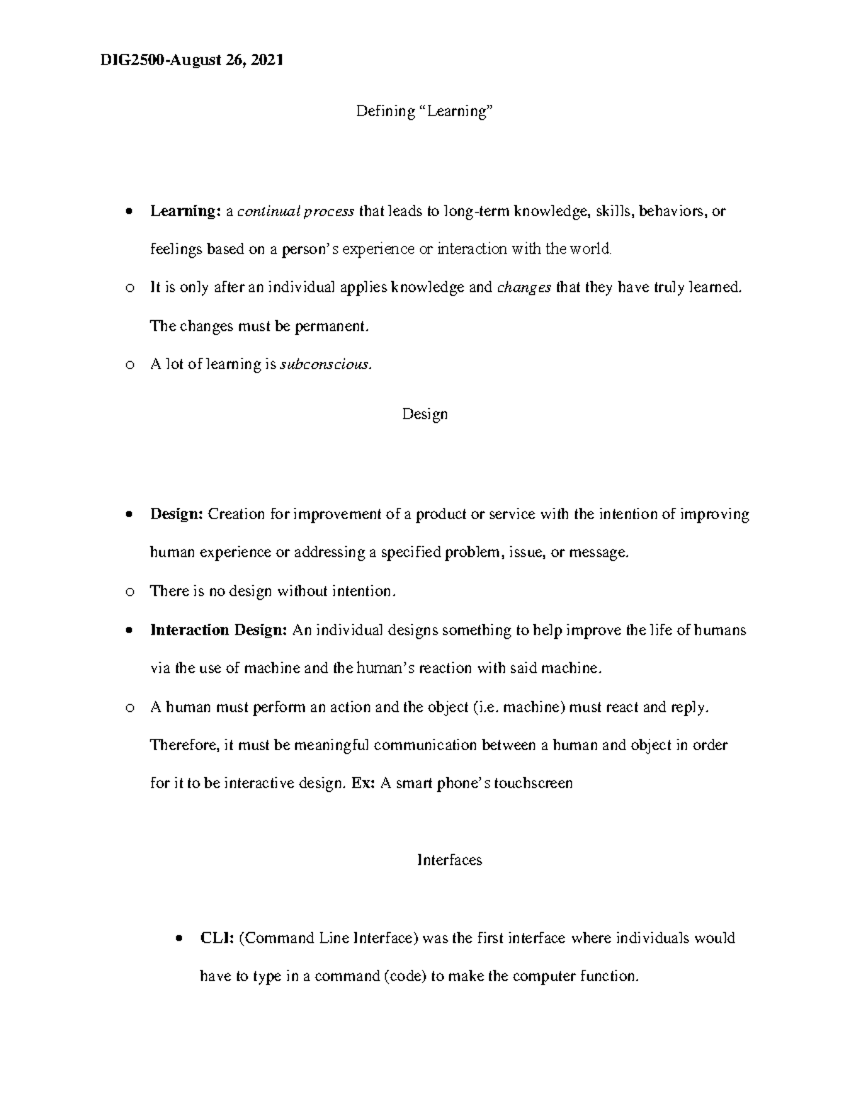 DIG2500C-Aug26 - Lecture notes 2 - Defining “Learning” Learning: a ...