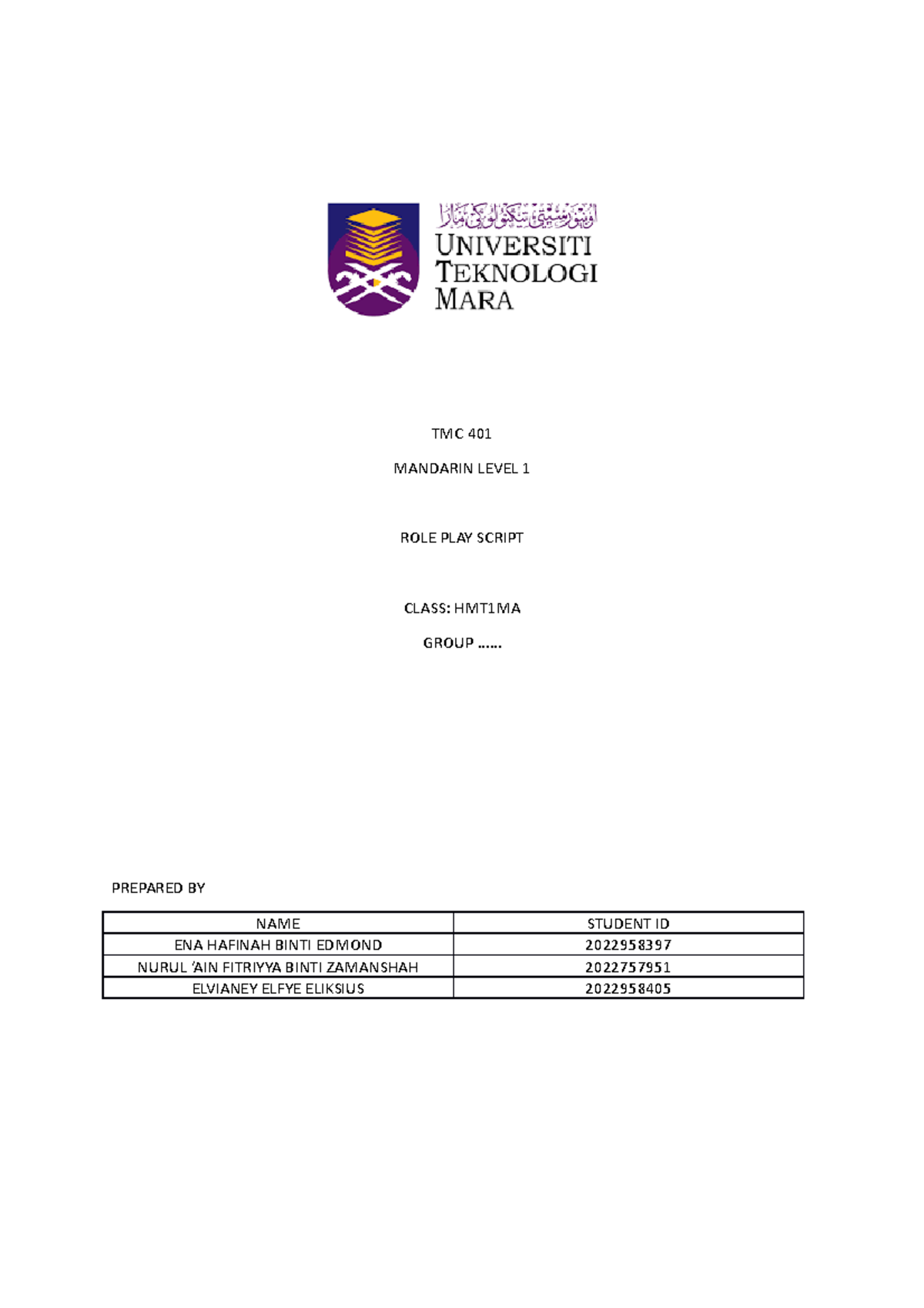 TMC 401 skript Roleplay - TMC 401 MANDARIN LEVEL 1 ROLE PLAY SCRIPT CLASS: HMT1MA GROUP ...