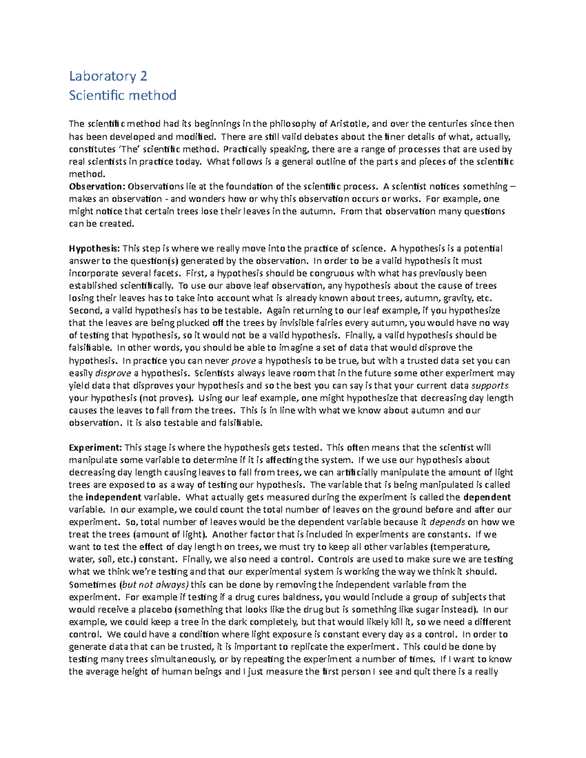 Laboratory 2- Scientific Method - Laboratory 2 Scien/fic method The ...