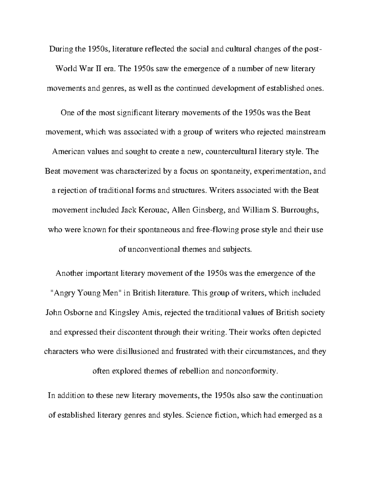 50s Literature - notes - During the 1950s, literature reflected the ...