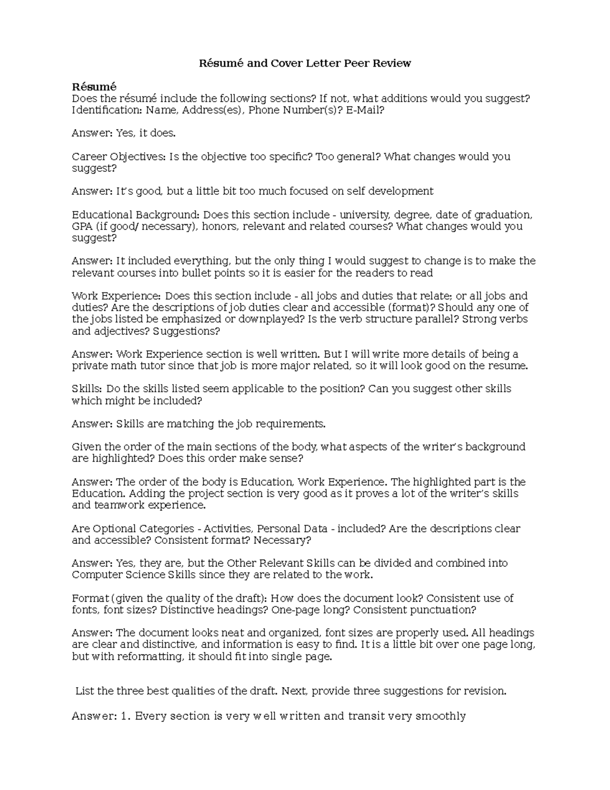 [ Engr 100W ] Peer Review- Application docs - Résumé and Cover Letter ...