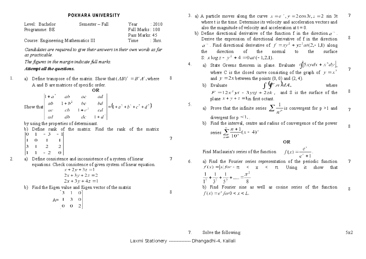 Engineering Mathematics III fall 2010 - POKHARA UNIVERSITY Level ...