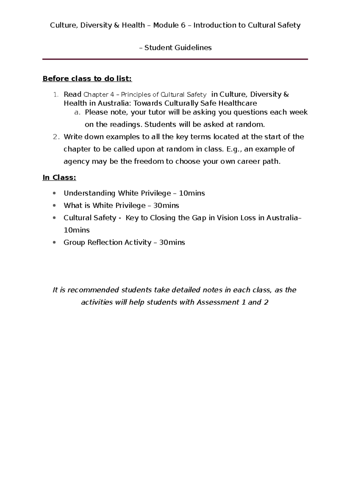 Module 6 - Student copy - lectures - Culture, Diversity & Health – Module 6 – Introduction to ...