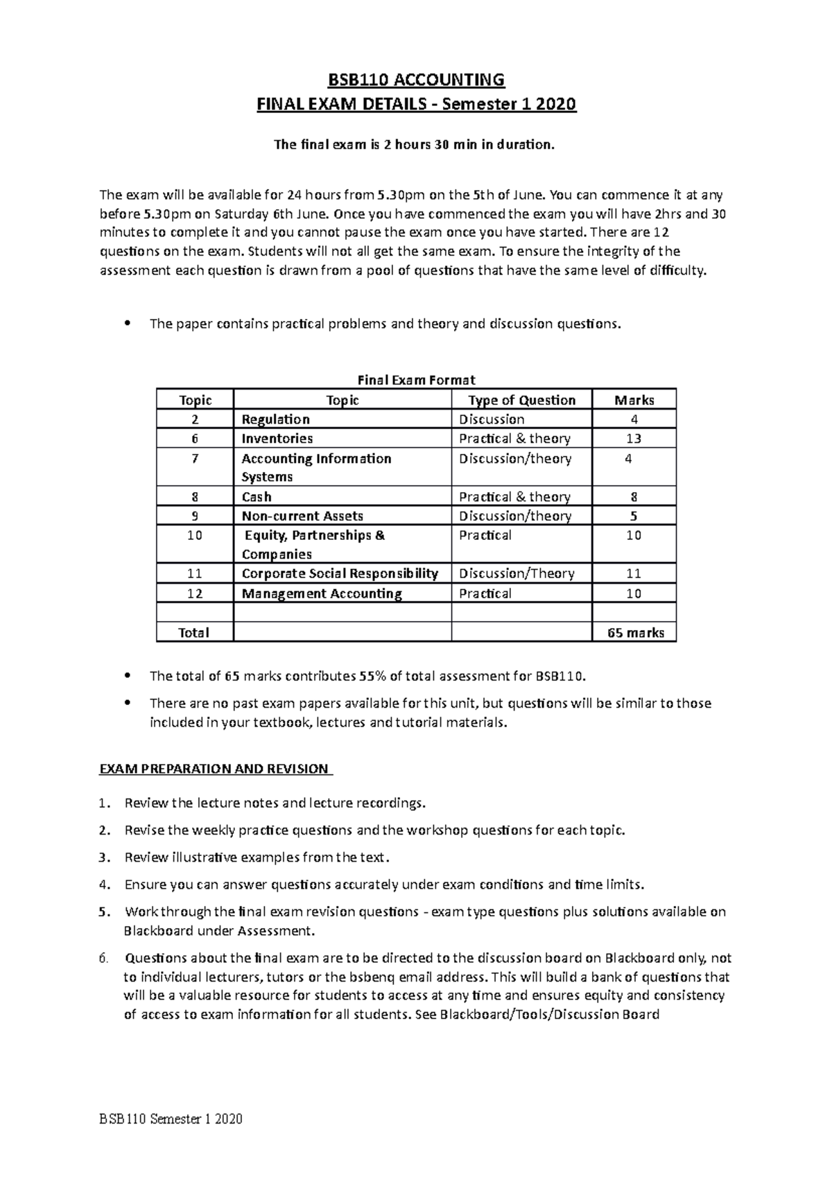 Final Exam Information Sem 1 2020 - BSB110 ACCOUNTING FINAL EXAM ...