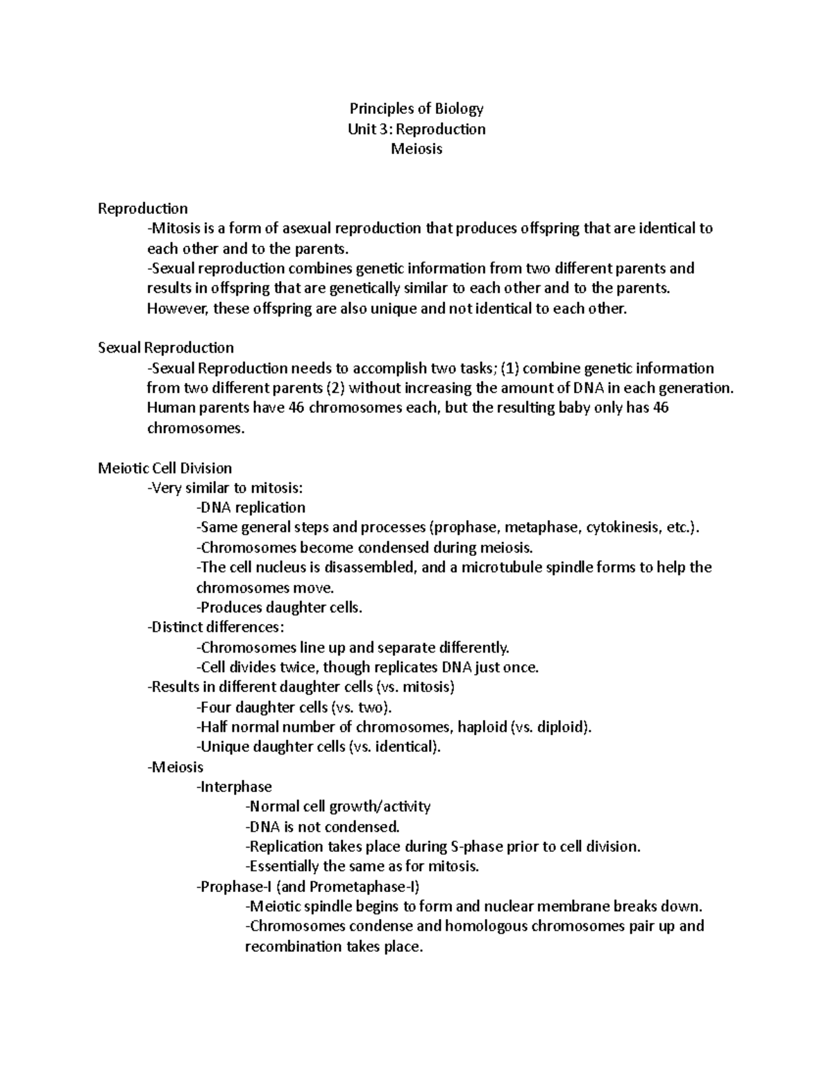 AP Biology Meiosis - Principles of Biology Unit 3: Reproduction Meiosis ...