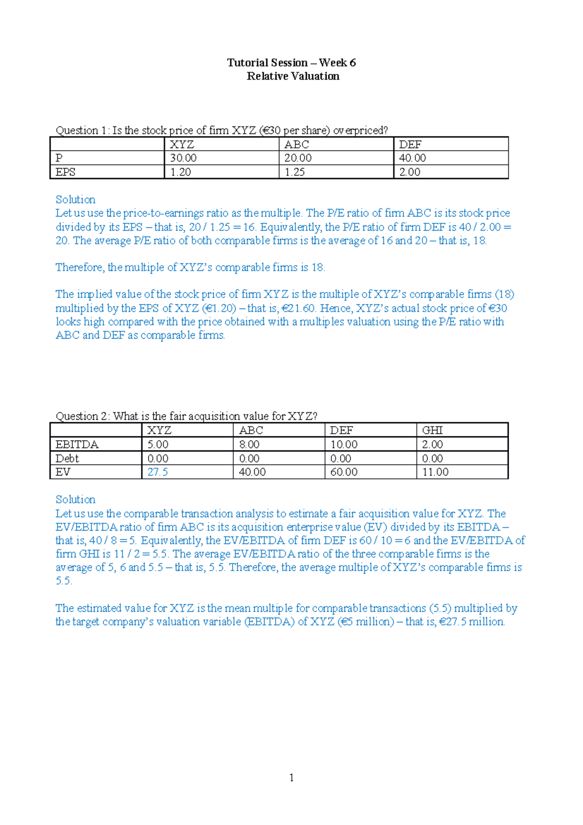 Tutorial-topic 5 - Relative Valuation - Questions & Solutions(1 ...