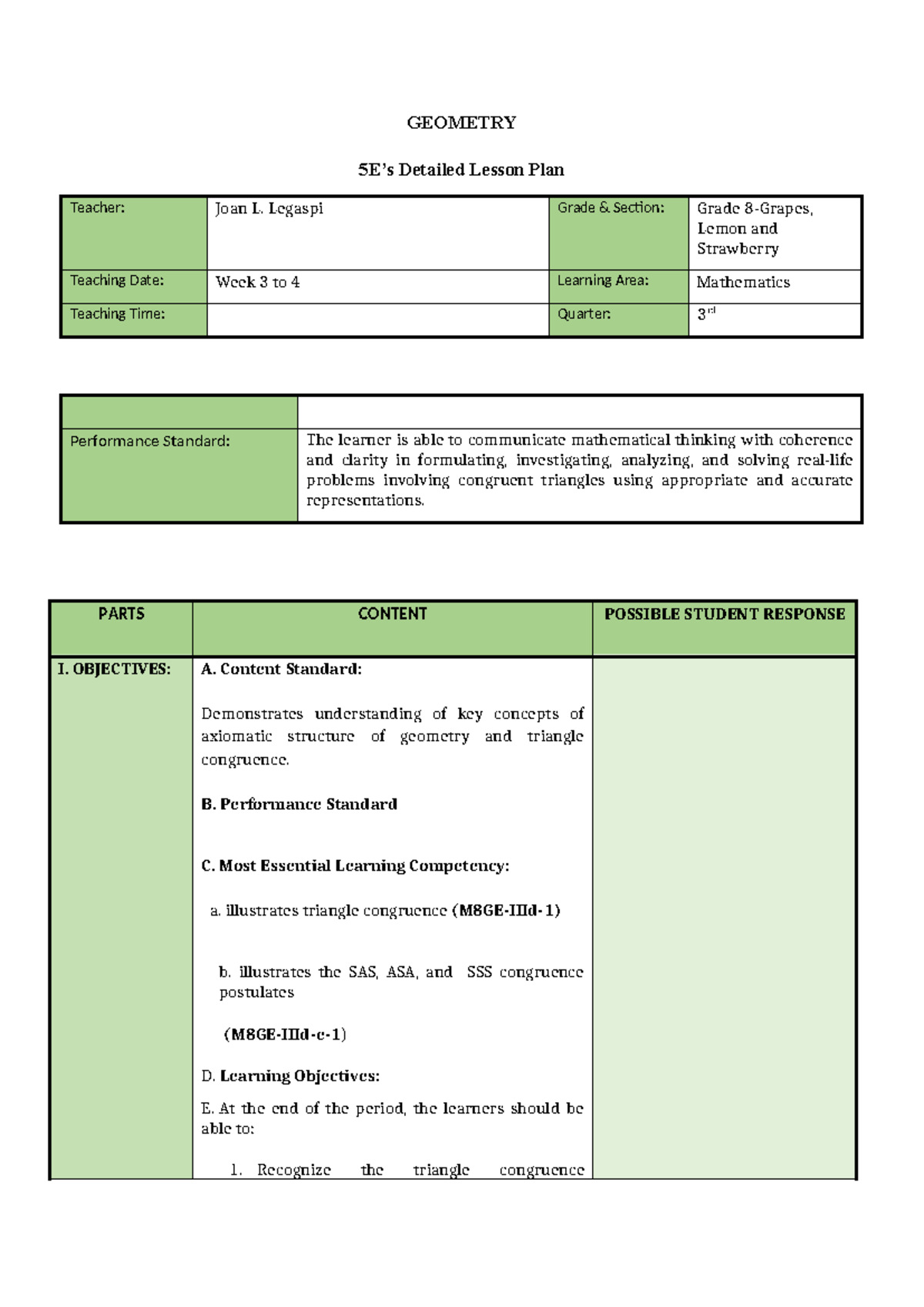 DLP in Triangle Congruence Postulates Grade 8 - GEOMETRY 5E’s Detailed ...